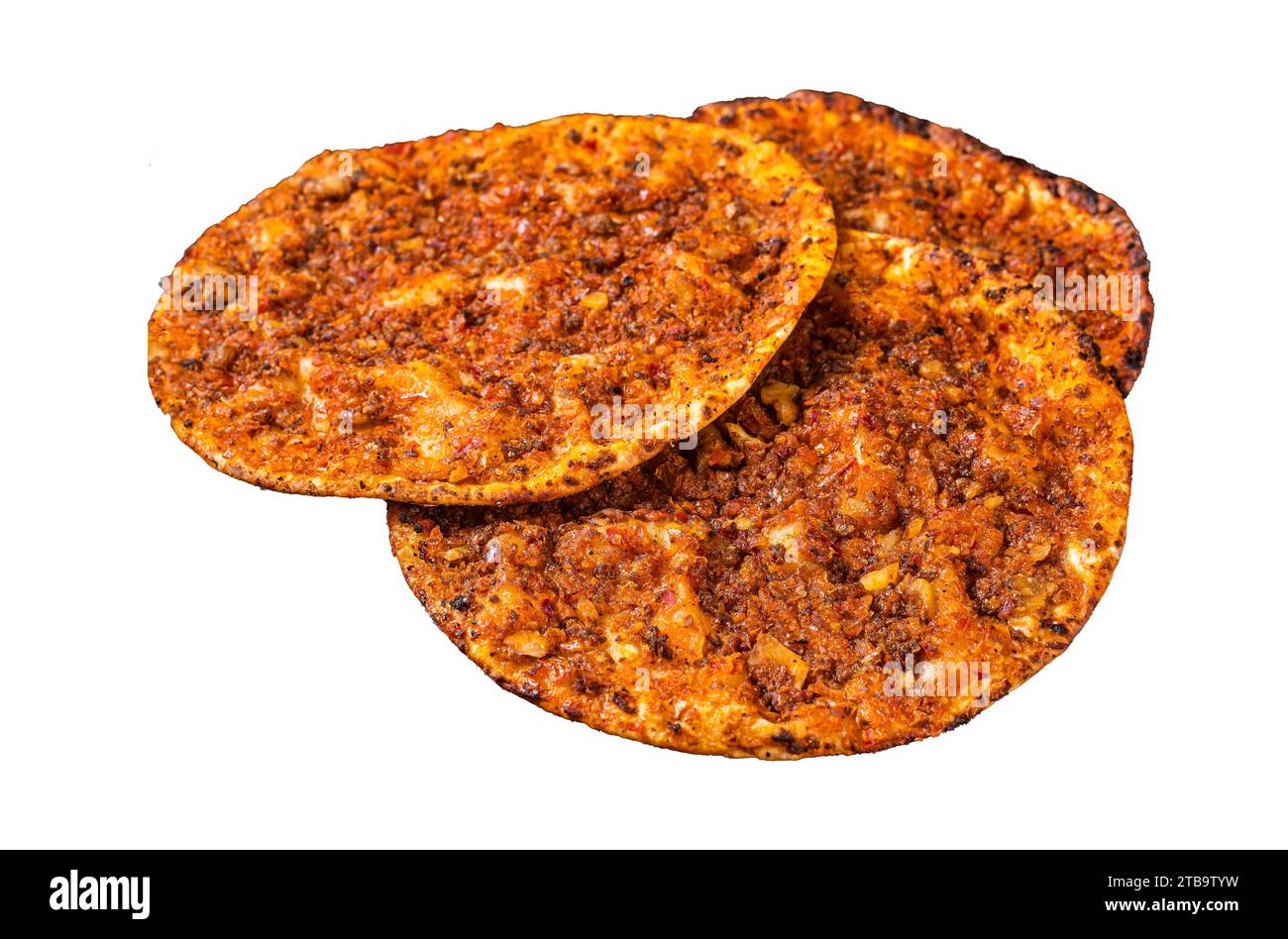 Traditional Turkish lahmacun with mince meat. Isolated, white ...