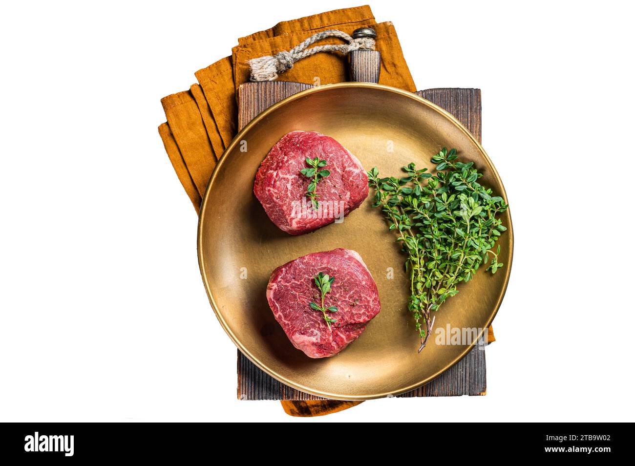 Dry aged Fillet Mignon Beef steak with herbs, raw marble meat. Isolated ...