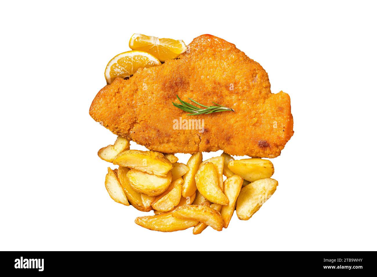 Austrian fried weiner schnitzel with potato wedges in a wooden plate ...