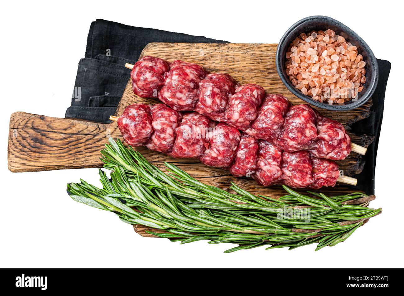 Raw traditional shish kebab Skewers with beef meat ans spices. Isolated, white background Stock ...