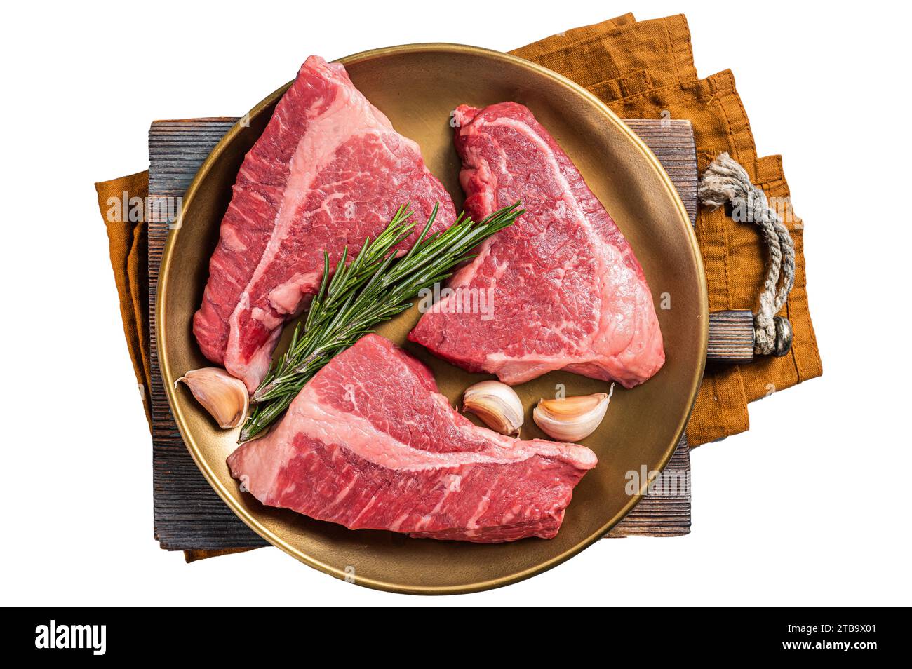 Raw Topside sirloin beef cut on steel plate with spices. Isolated ...