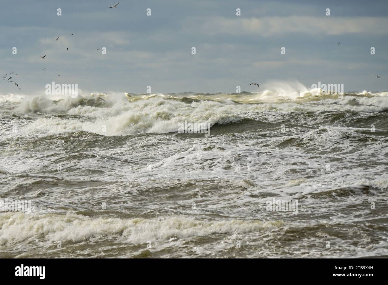 Stormy weather seascape, big waves with foam, low dark cumulus clouds ...
