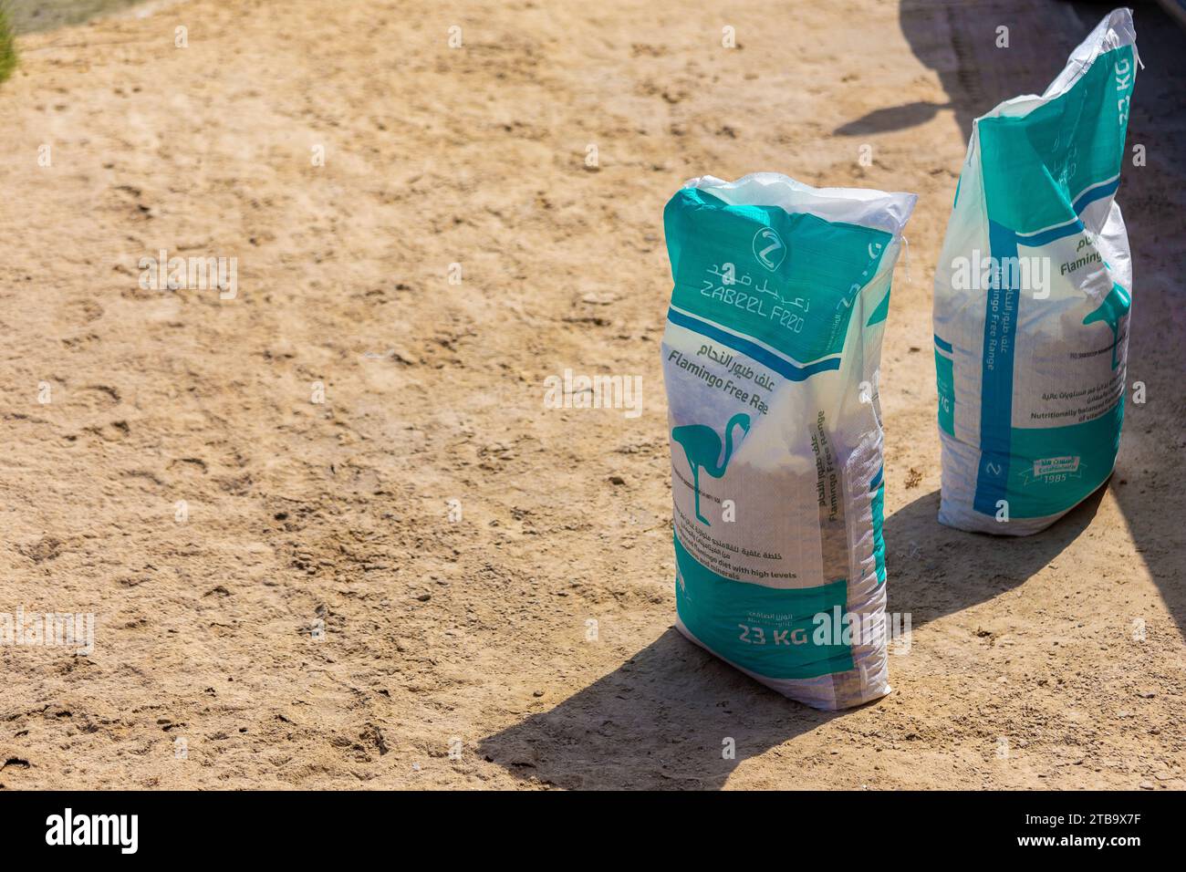Dubai, UAE, 18.09.22. Bags with special flamingo food prepared for ...