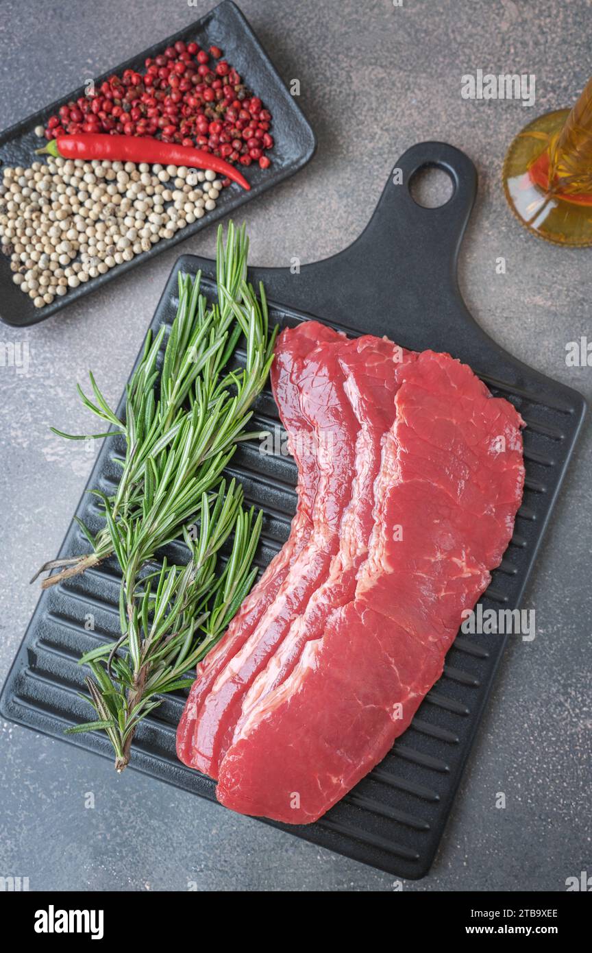 Steak from marble beef Black Angus. Pieces of raw marble beef black ...