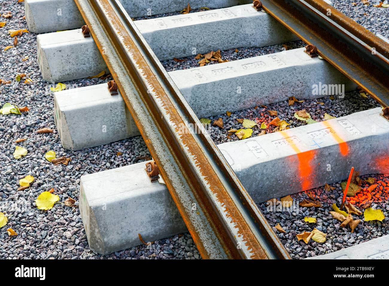 New steel tram rails on new concrete sleepers, tram track rebuilding on ...