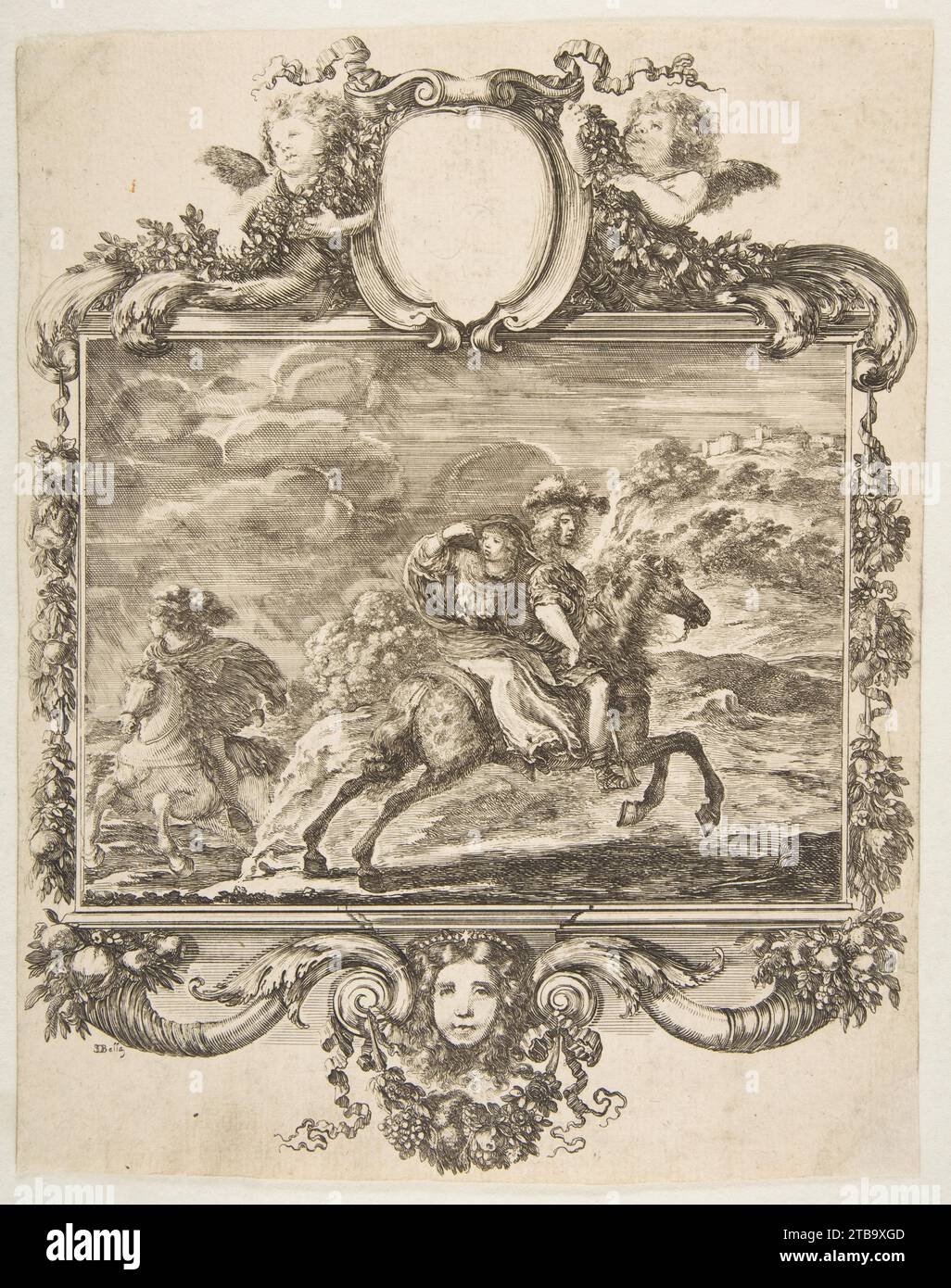 A cavalier and a lady on horseback, within an ornate border decorated ...