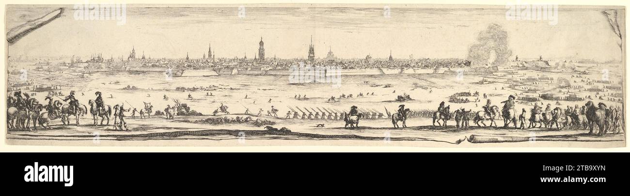 Plan and view of the city of Arras, depicting a siege with horsemen in ...