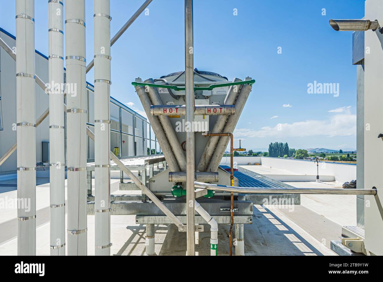 V-shaped end of adiabatic condenser on the roof at a CO2 cold-storage ...