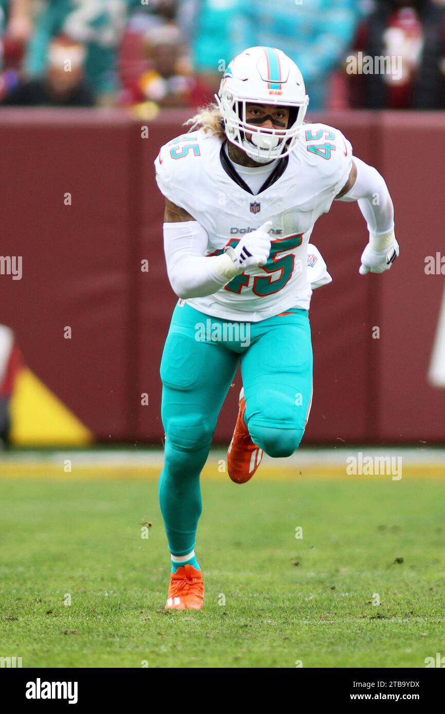 Miami Dolphins linebacker Duke Riley (45) runs during an NFL football ...