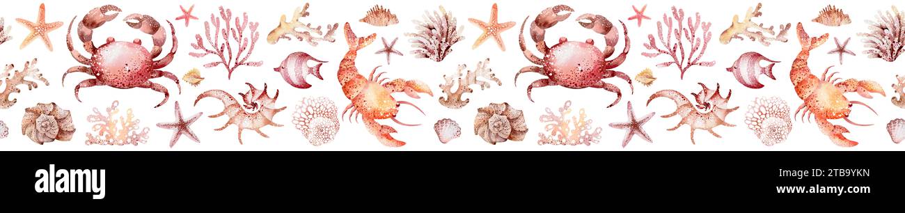 Marine seamless border. Watercolor animals crab and fish with shells on ...