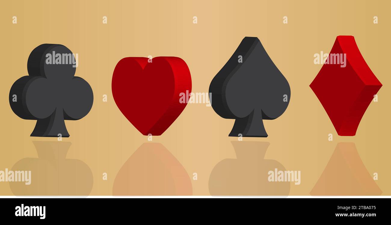 3d three dimension playing cards and poker spade, heart, club, diamond ...