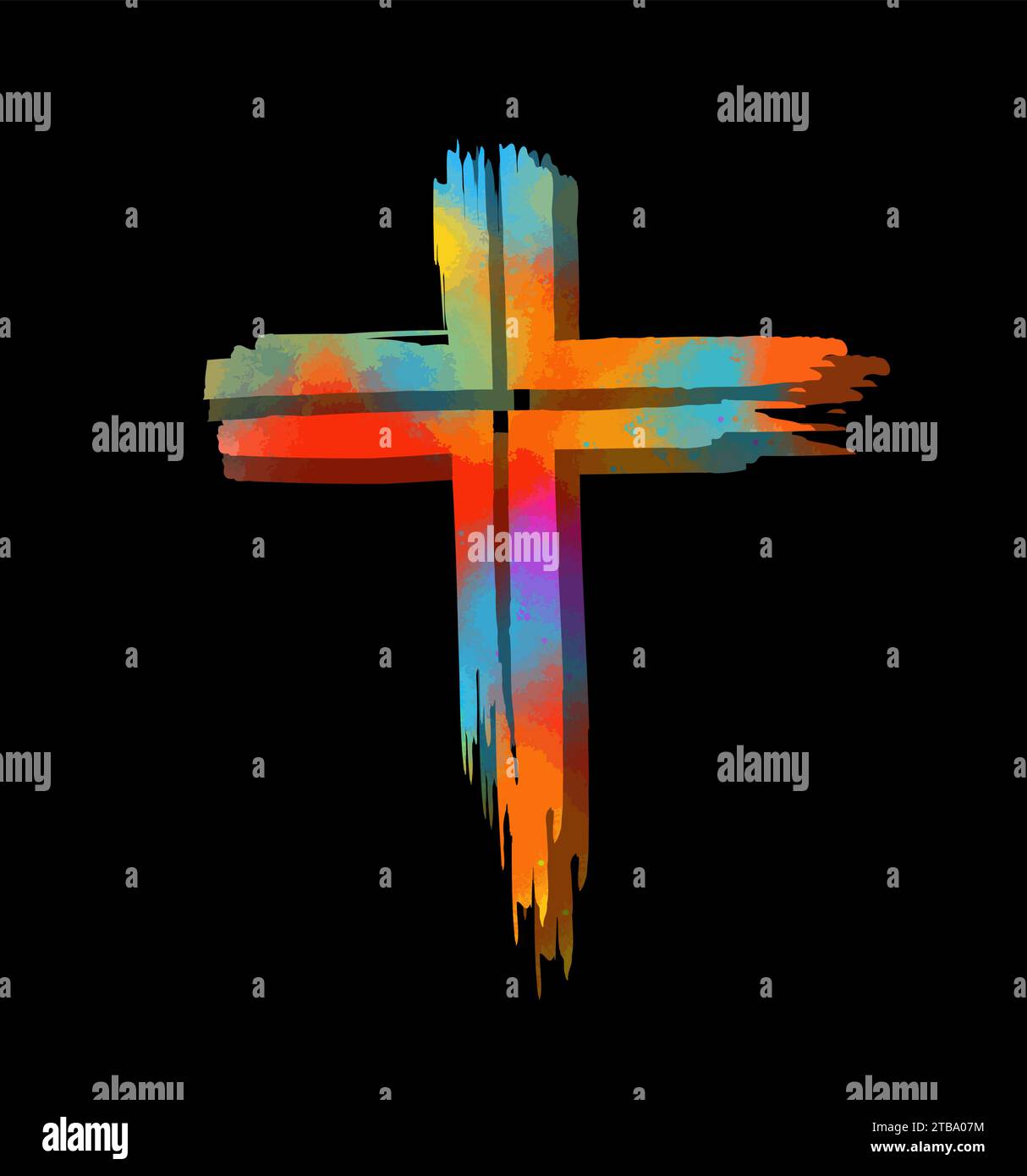 colored cross made of blots on a black background. Happy easter. hand ...