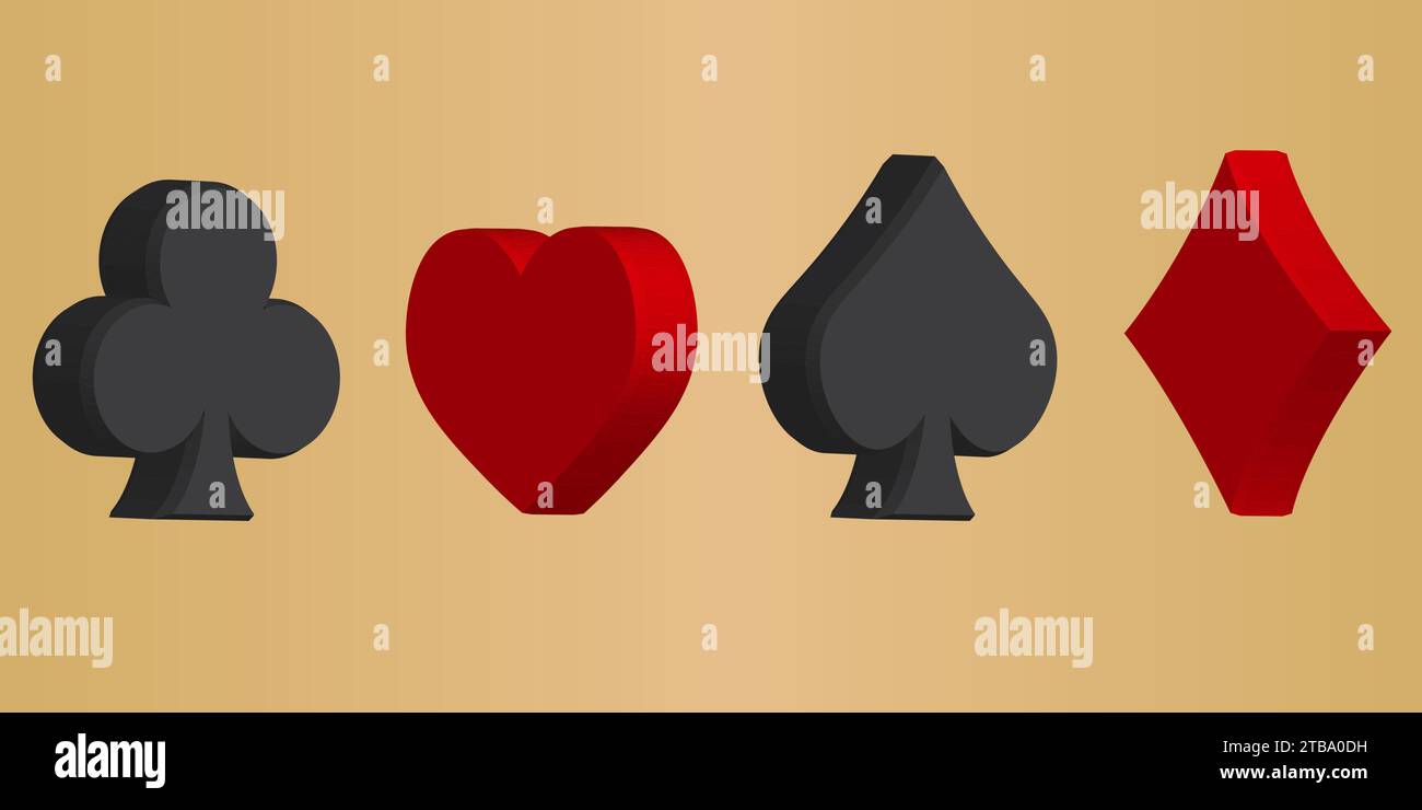3d three dimension playing cards and poker spade, heart, club, diamond ...
