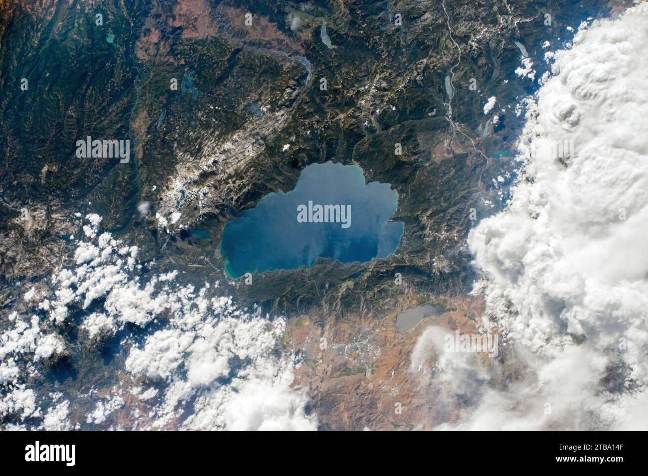 View from space of Lake Tahoe with very little snowpack left on the ...
