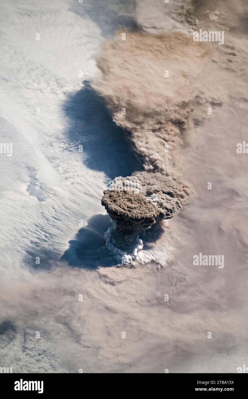 A volcanic plume of Raikoke Volcano on the Kuril Islands rising in a ...