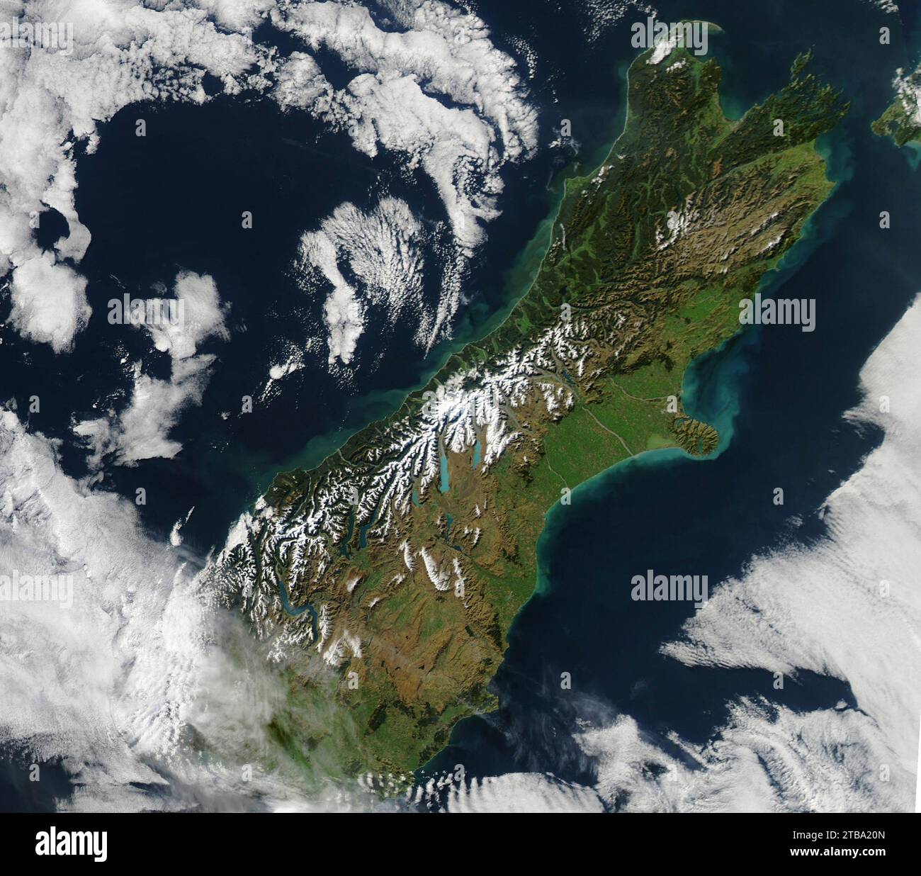 Satellite view of New Zealand's South Island, showing Lake Tekapo, Lake ...