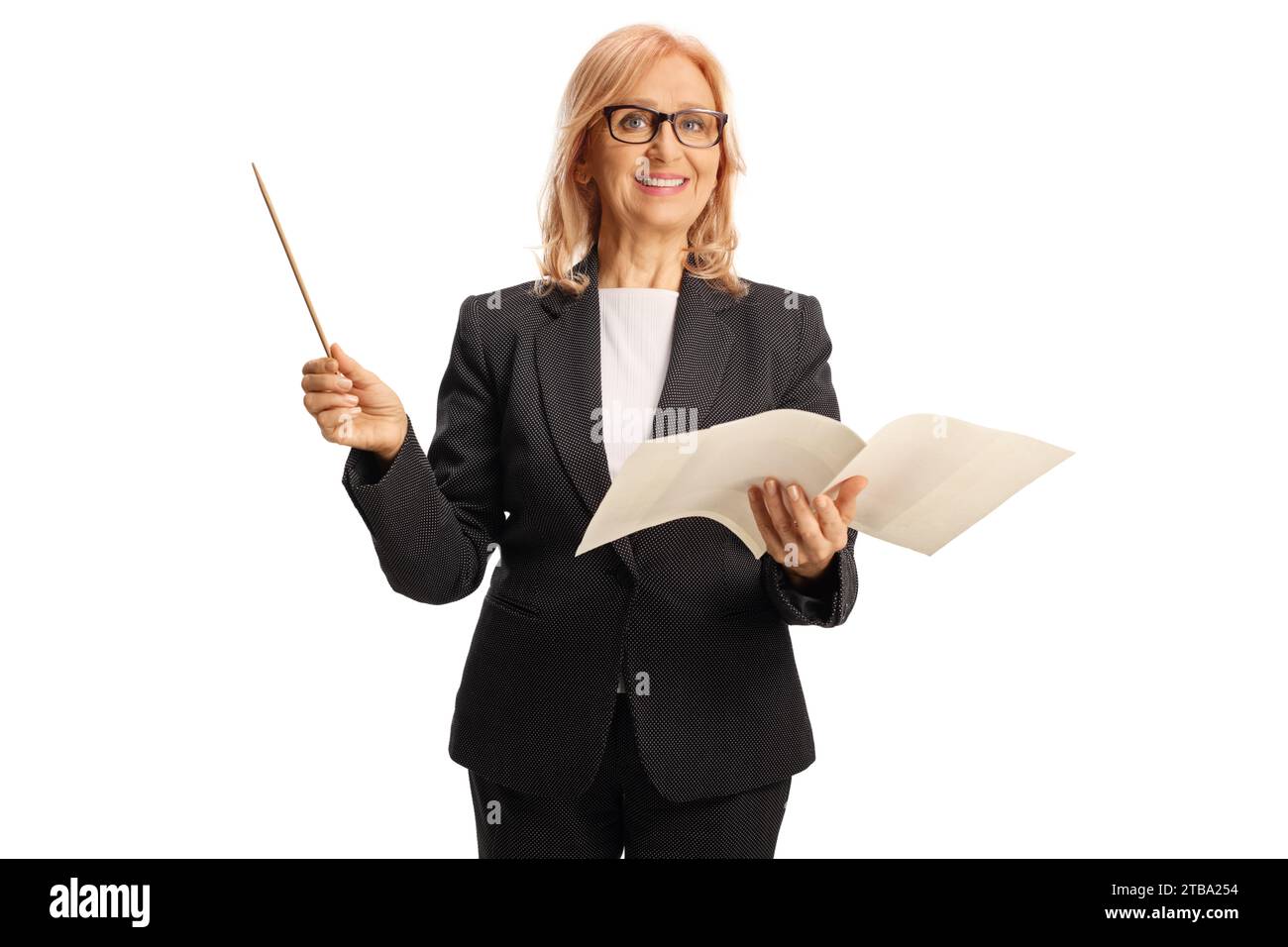 Female conductor holding an orchestral score isolated on white ...