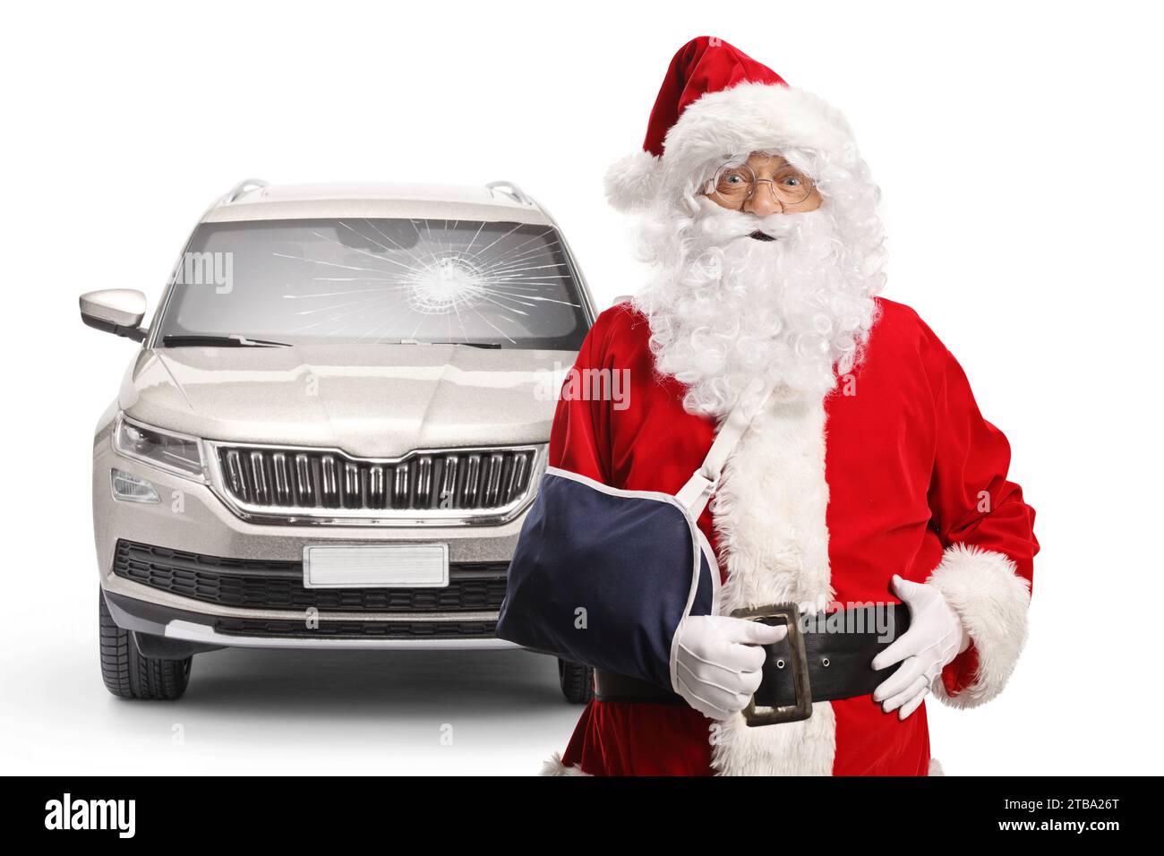 Injured Santa Claus after a car crash isolated on white background ...