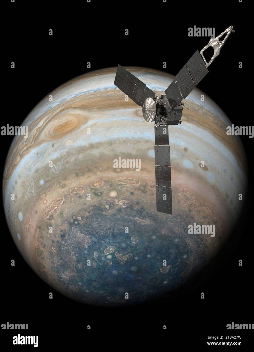 Illustration of the Juno spacecraft soaring over Jupiter's south pole ...