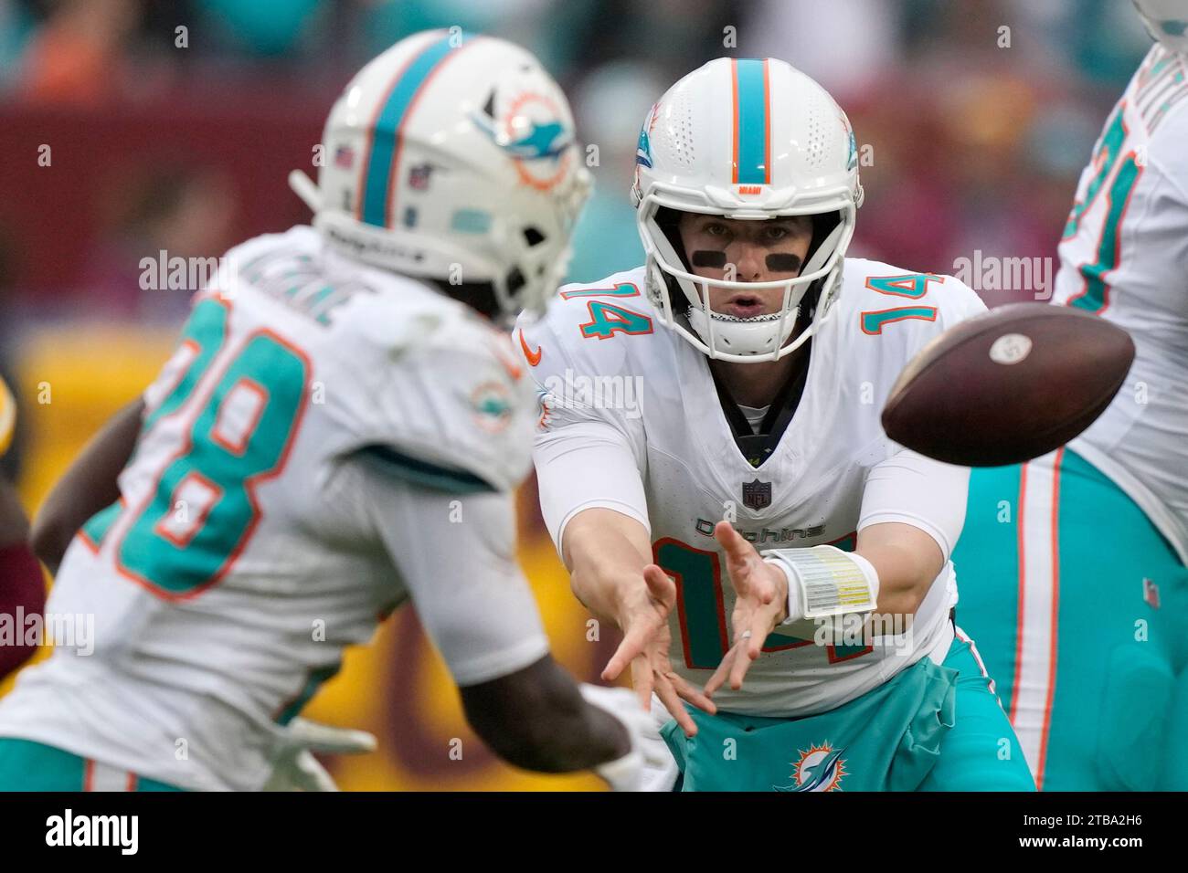 Miami Dolphins quarterback Mike White (14) pitches the ball to running ...