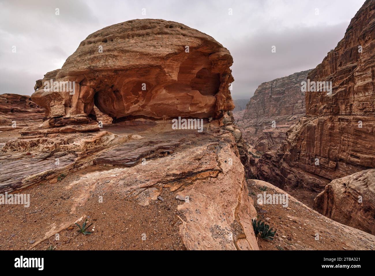 Typical overcast day landscape at Petra, Jordan, rocky walls around ...