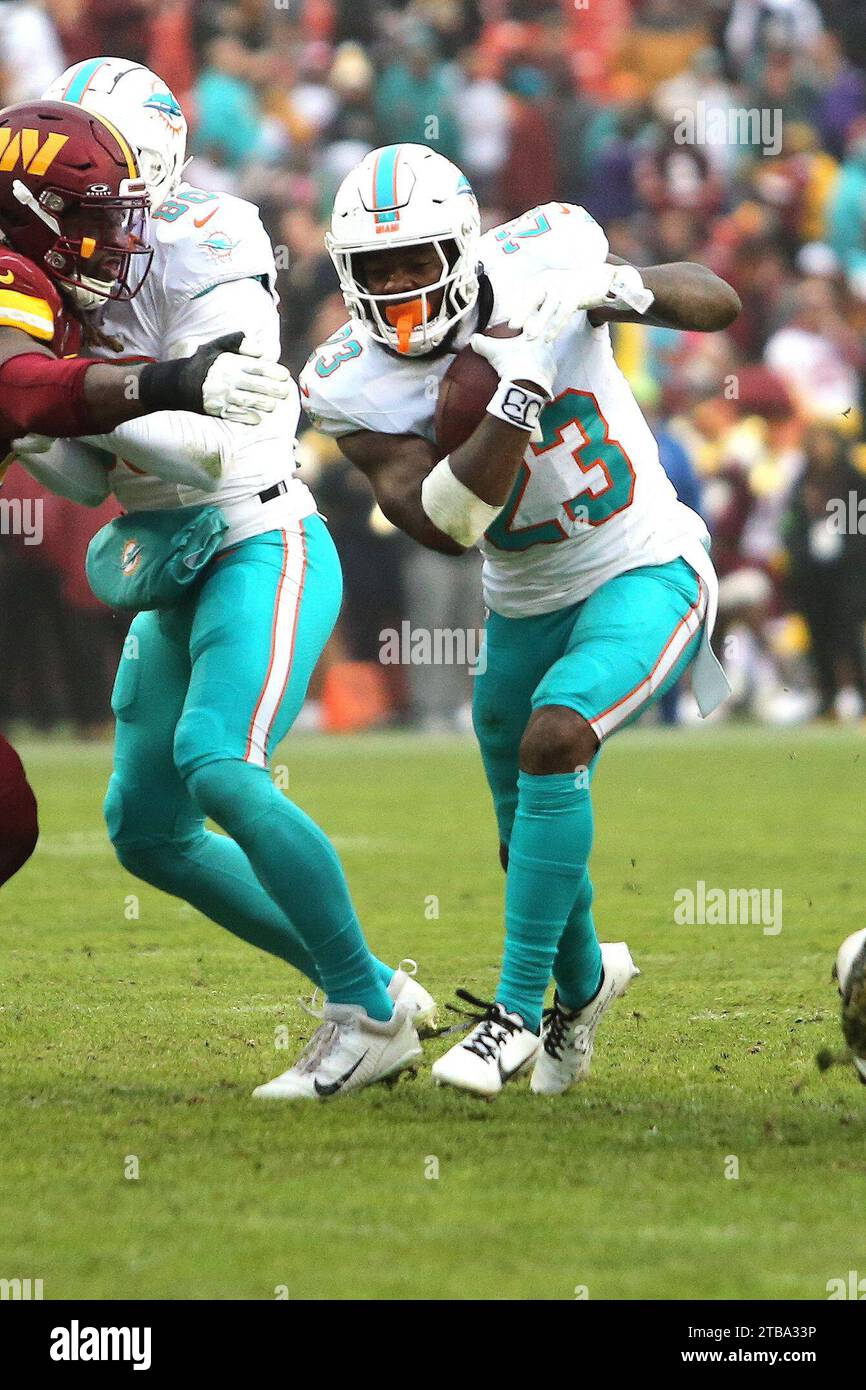 Miami Dolphins running back Jeff Wilson Jr. (23) runs during an NFL football game the against ...
