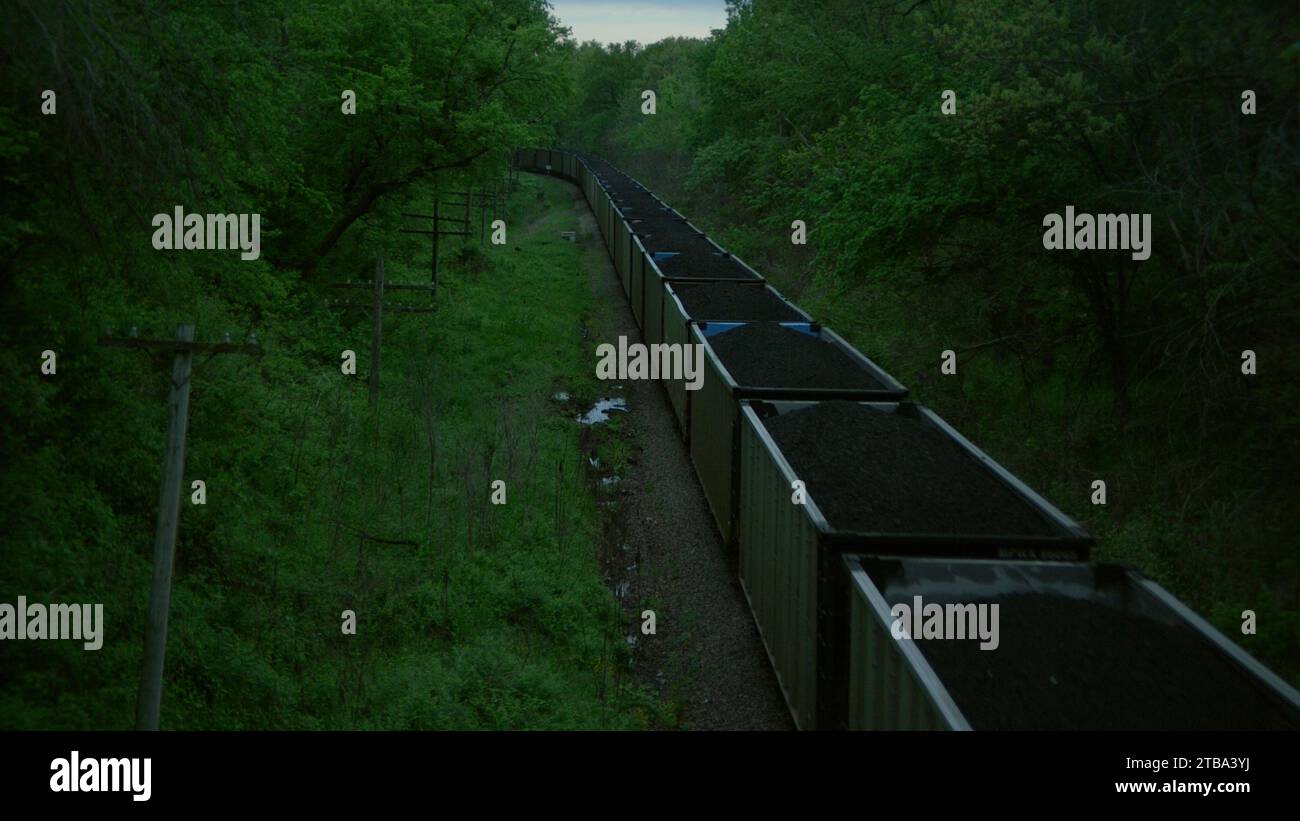 Freight train hauling coal passing through lush woodlands at dusk ...
