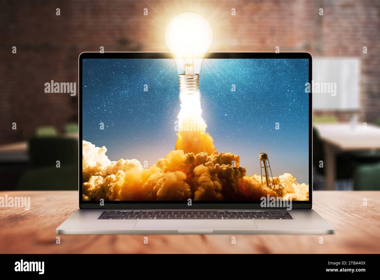 Concept light bulb glows and successfully lift off with smoke and ...