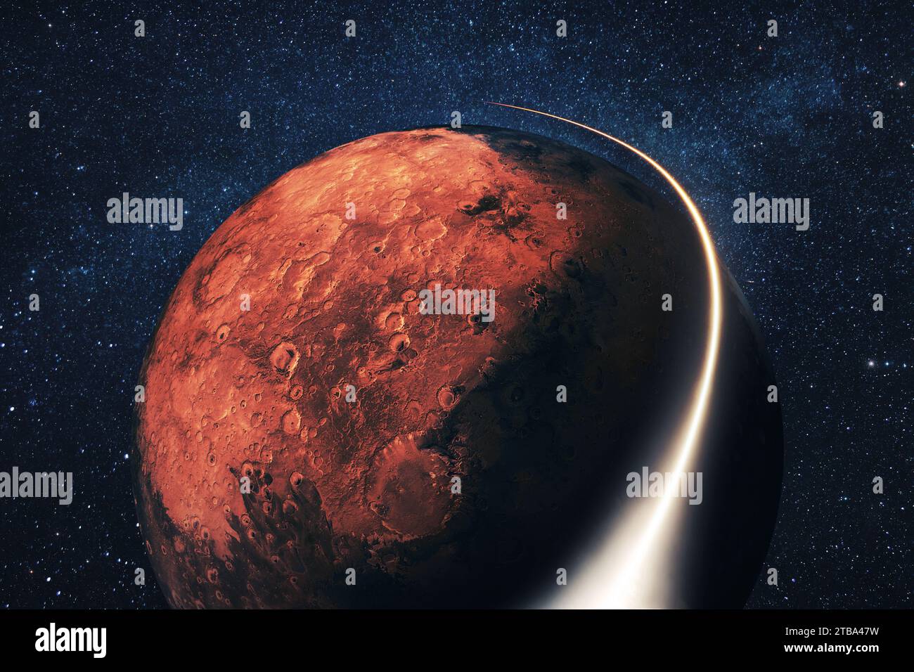 Space shuttle rocket flies with blasts and a light line around the red ...