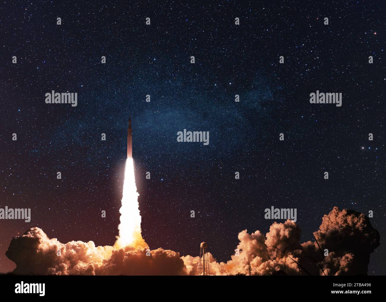 Modern Space Rocket With Blast And Smoke Successfully Takes Off Into