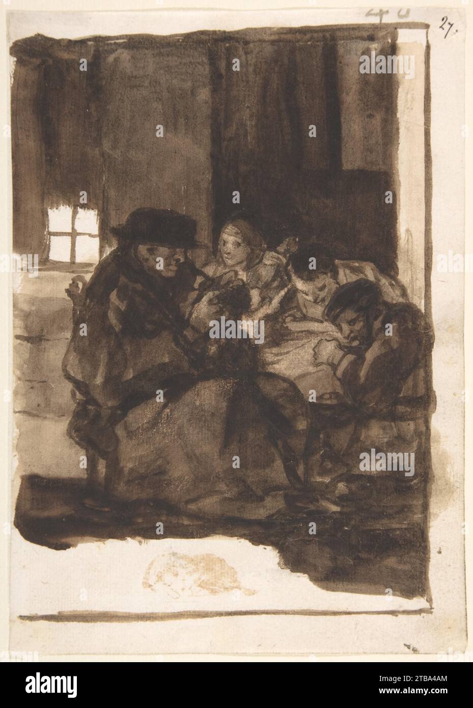 An old man delousing a boy accompanied by three figures, a cat in the ...
