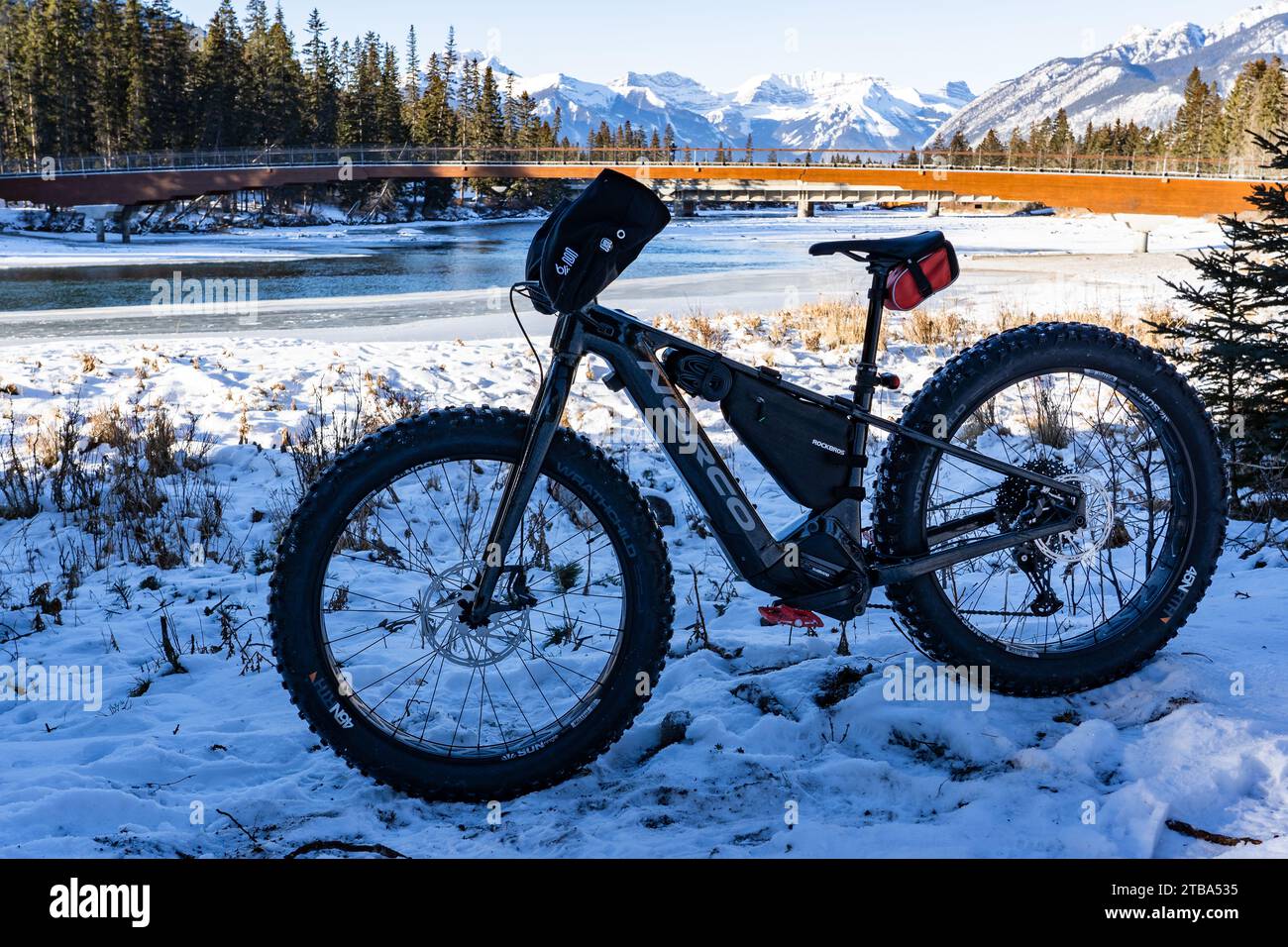Banff Alberta Canada, December 01 2023: A fat tire bike parked in the ...