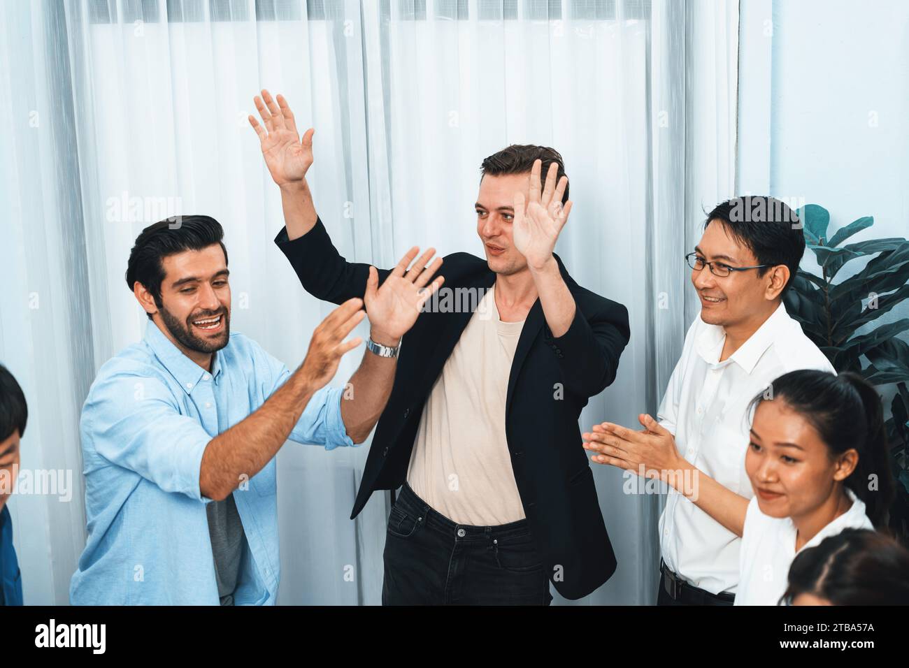 Excited and happy office worker employee celebrate after make ...