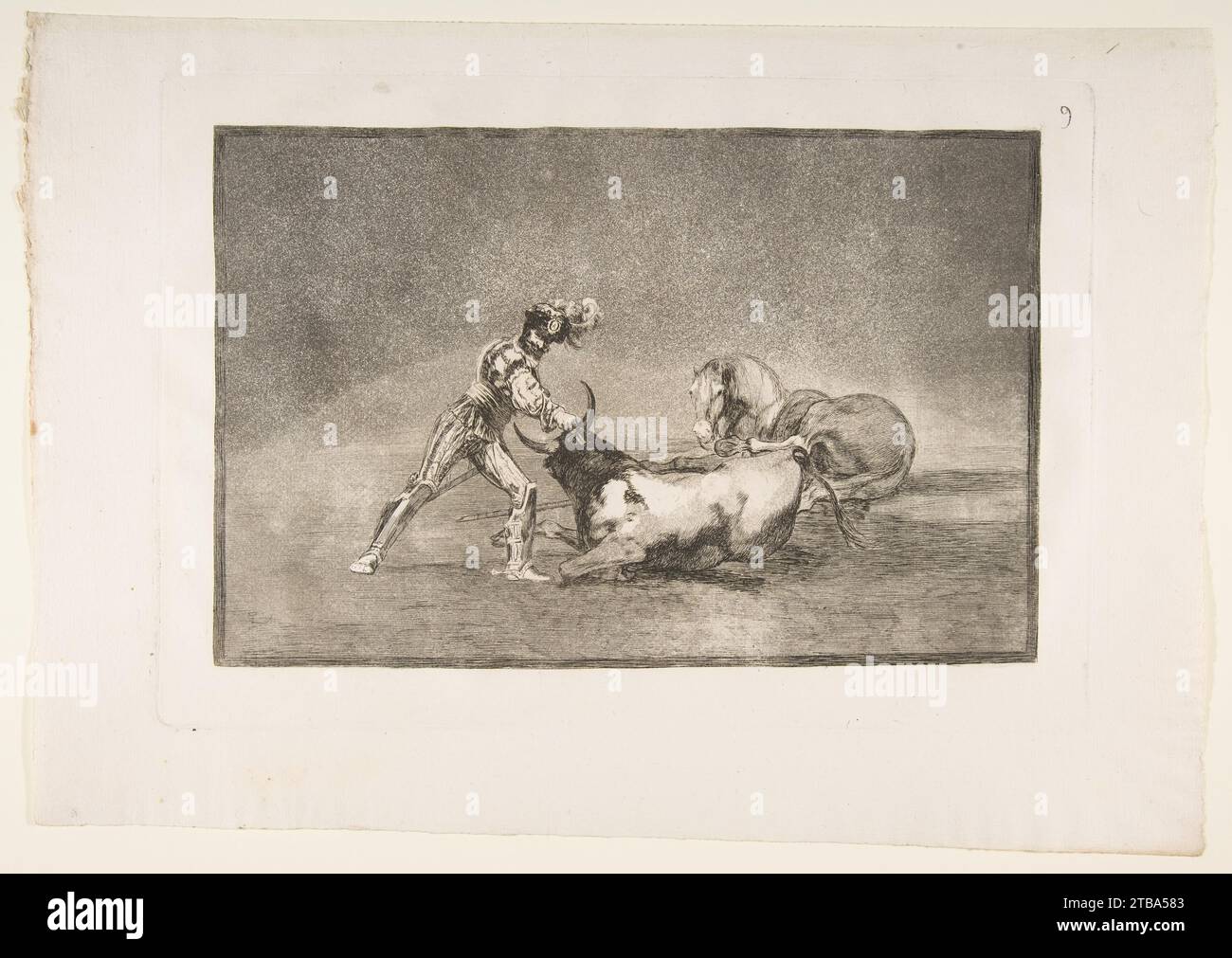 Plate 9 from "La Tauromaquia": A Spanish knight kills the bull after ...