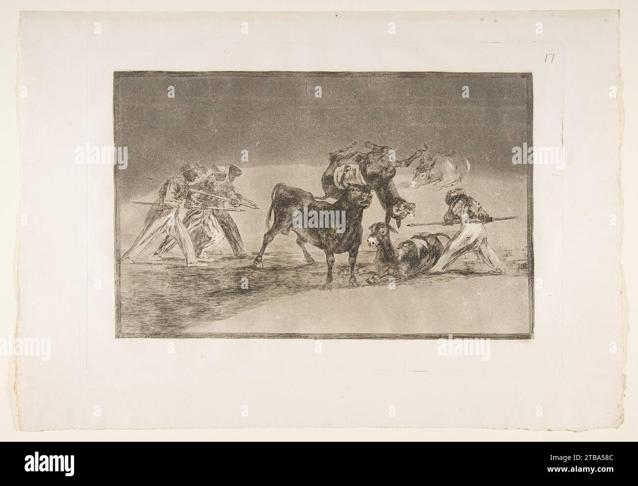 Plate 17 of "La Tauromaquia": The Moors use donkeys as a barrier to ...