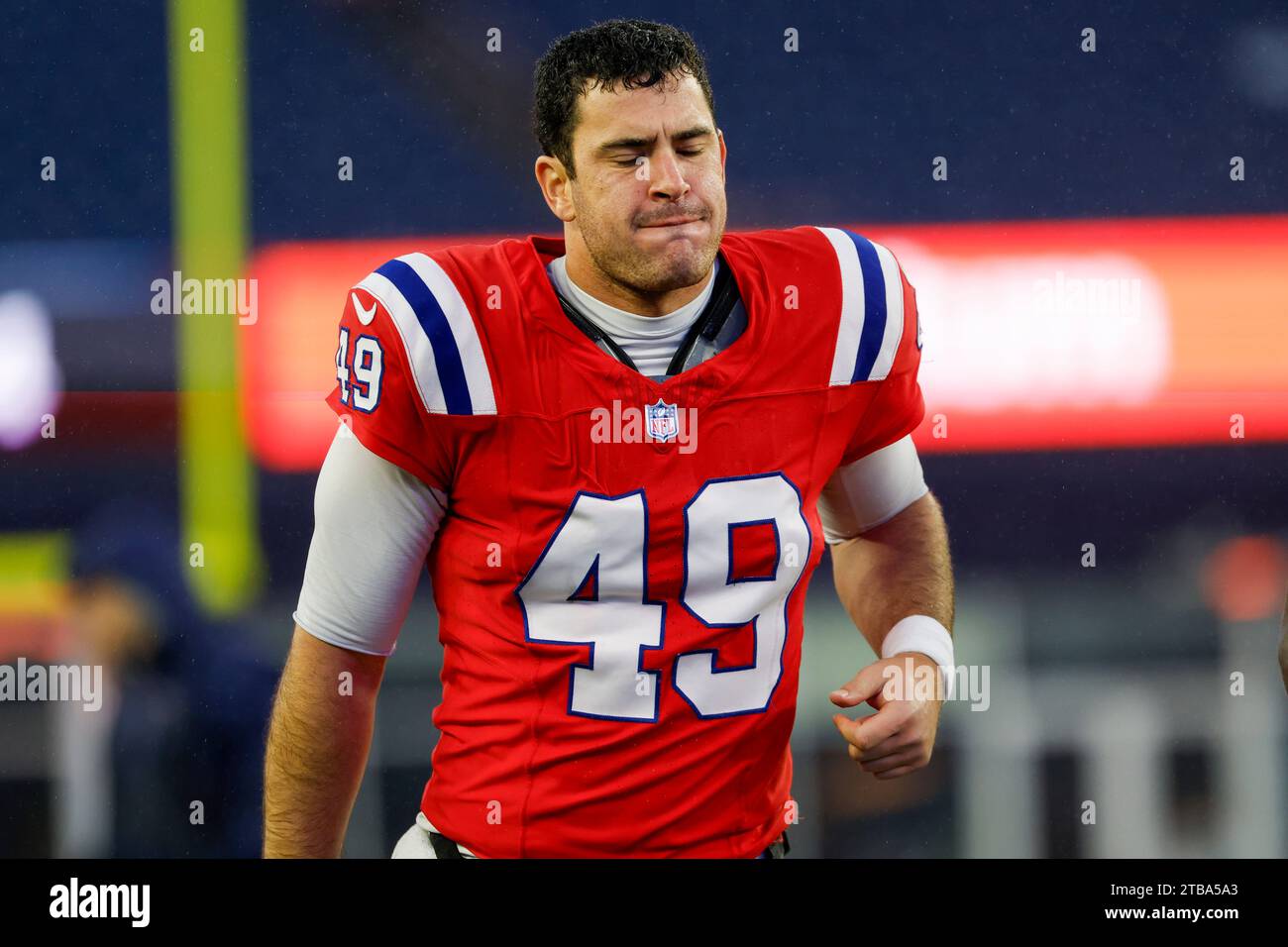 New England Patriots long snapper Joe Cardona (49) reacts after being ...