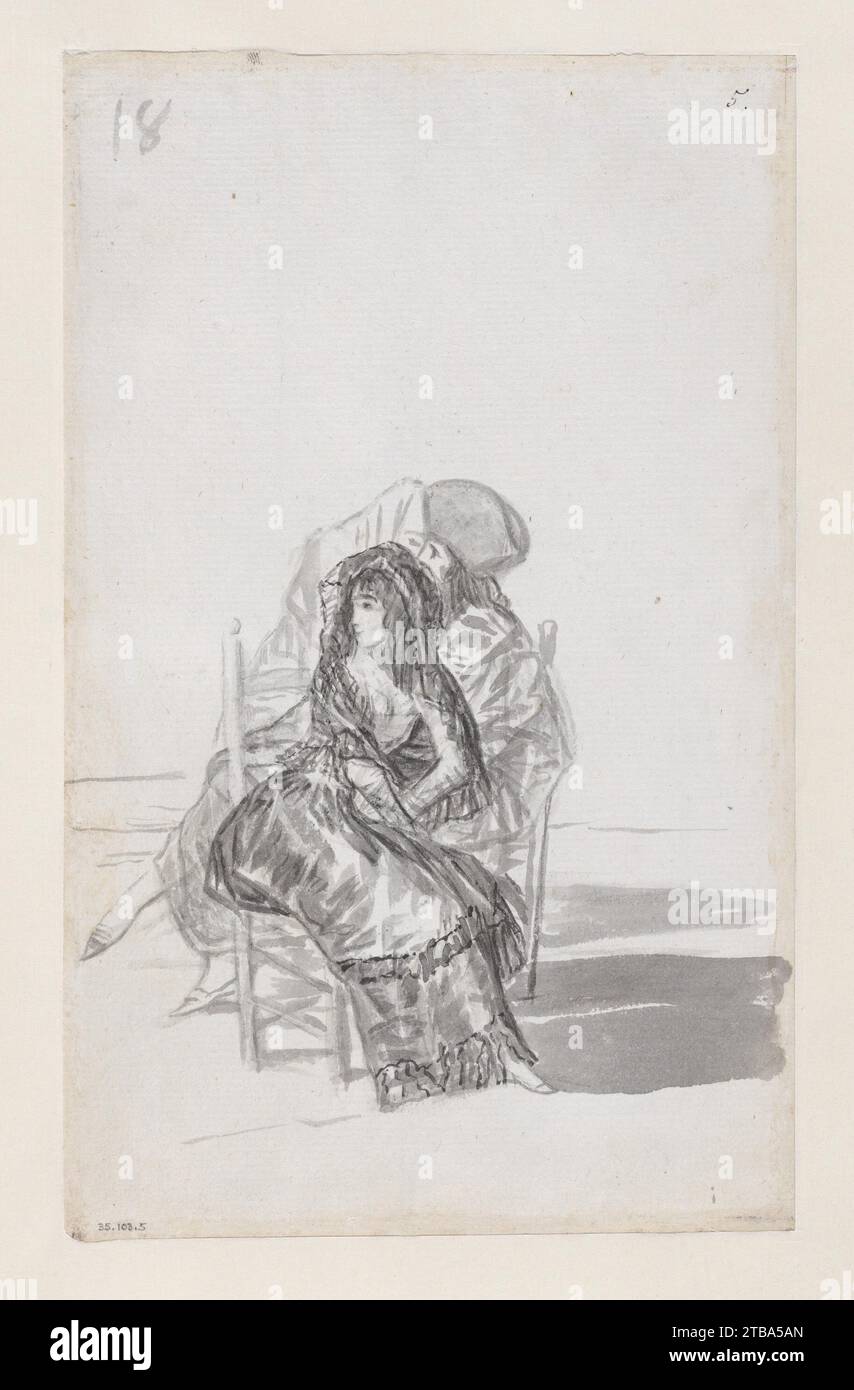 Maja seated on a chair and two companions behind; folio 18 (verso) from ...