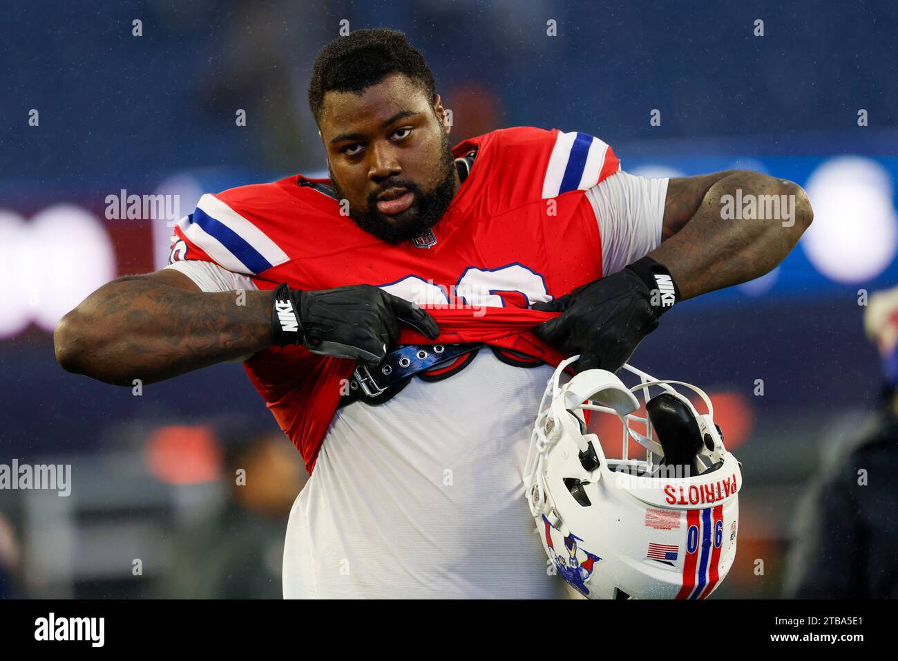 New England Patriots defensive tackle Christian Barmore (90) reacts ...