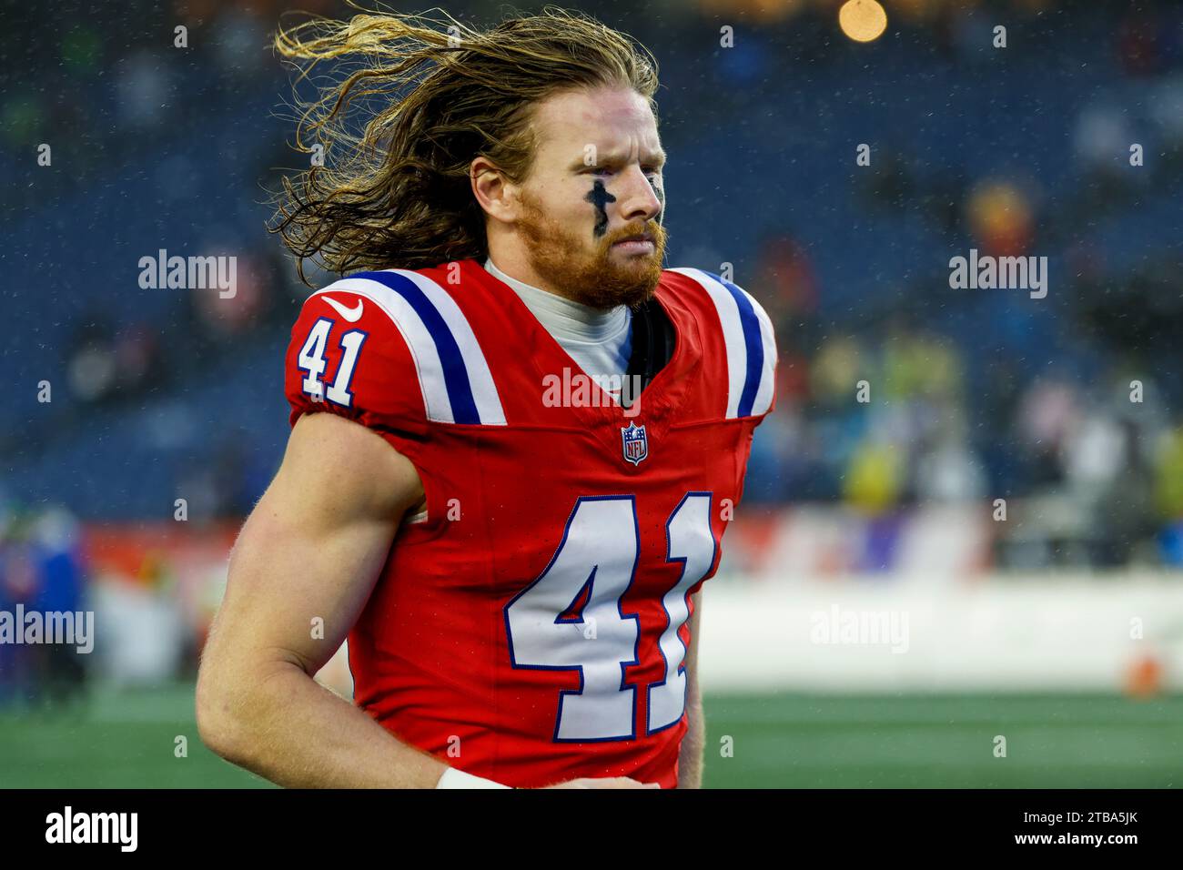 New England Patriots safety Brenden Schooler (41) reacts during the second half of an NFL ...
