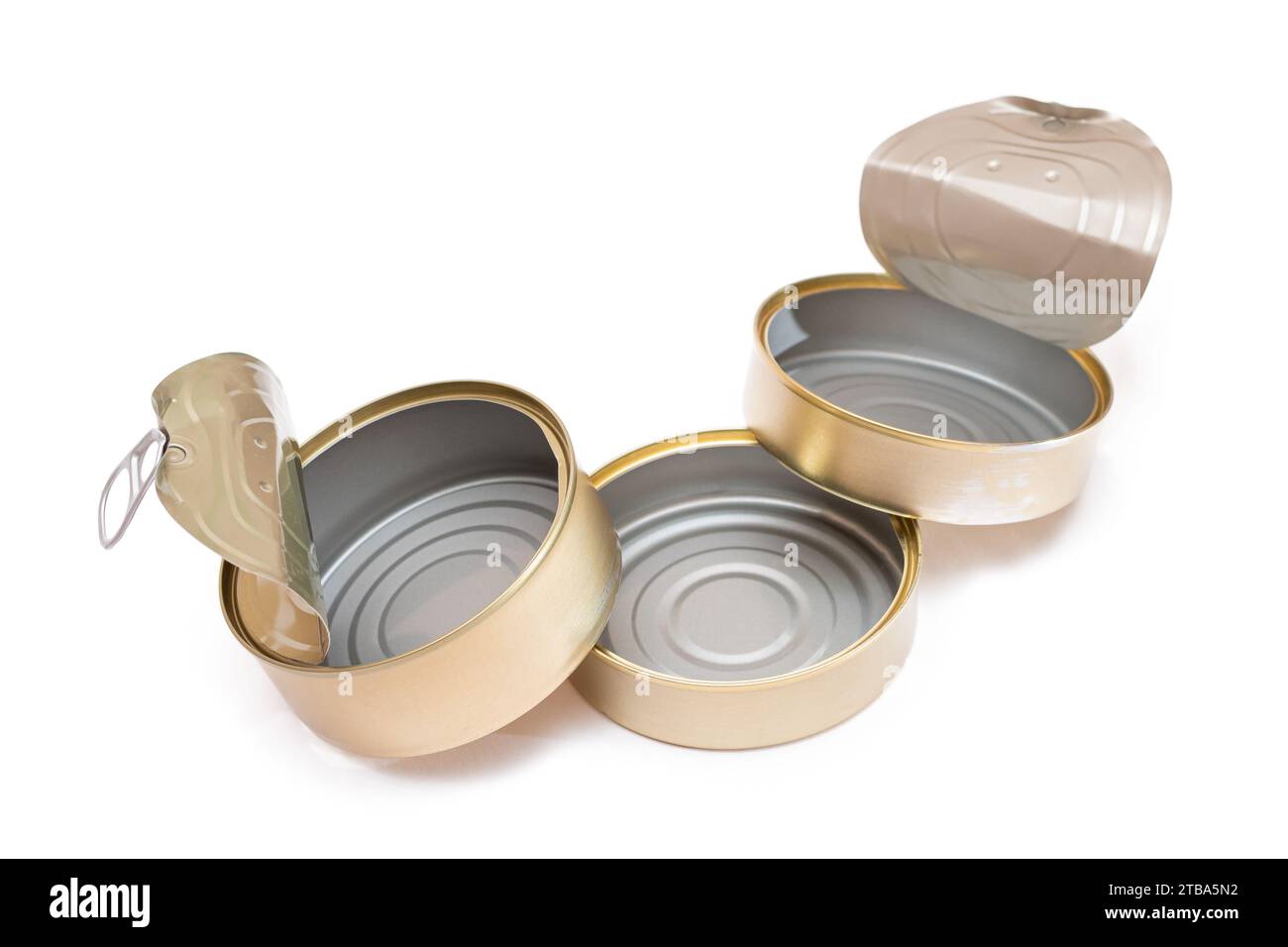 Three Opened Empty Tin Cans Isolated on White Background. Clean Used ...