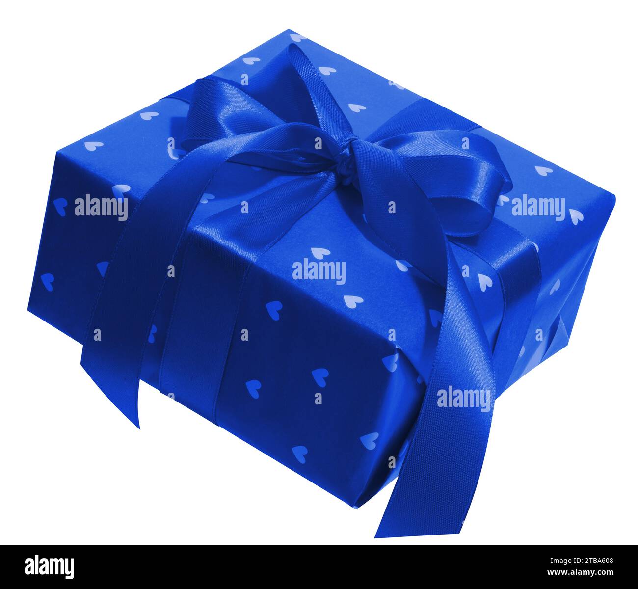 Box is wrapped in blue gift wrapping and blue ribbon on a white ...