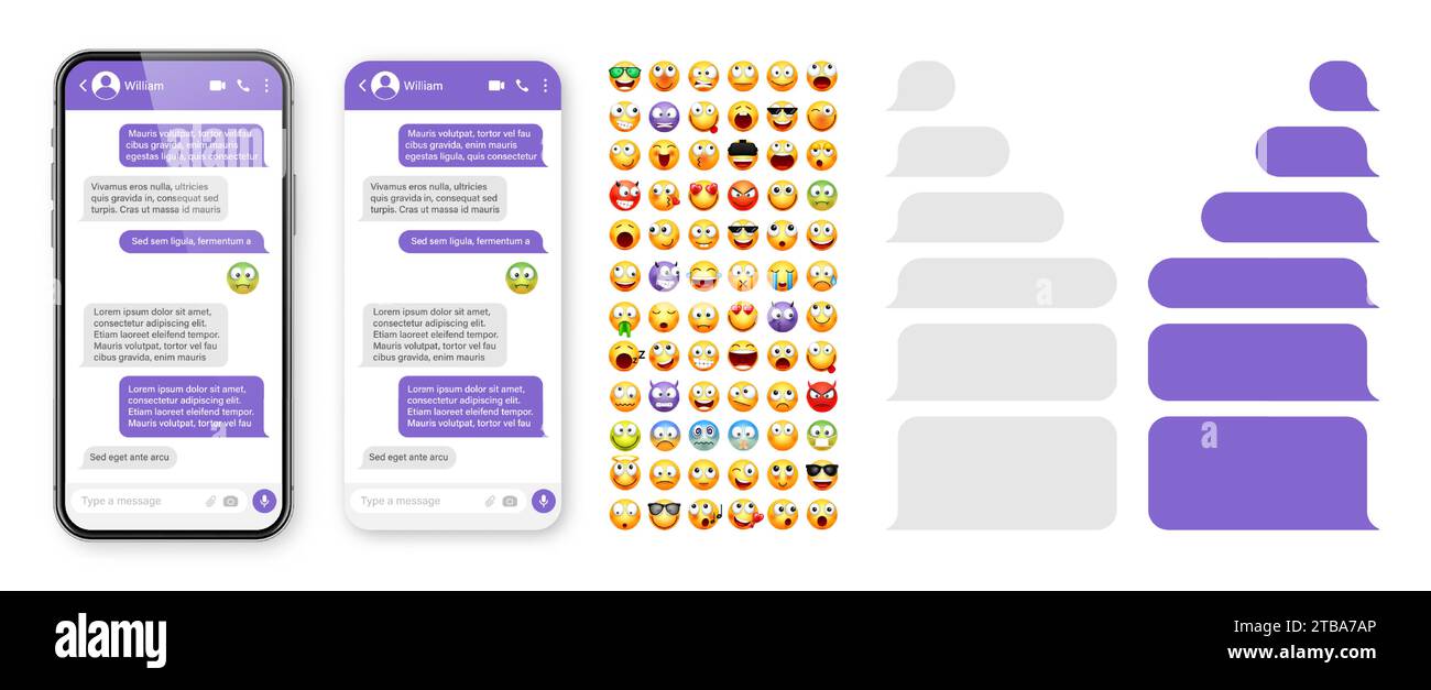 Smartphone messaging app, user interface design with emoji. SMS text ...