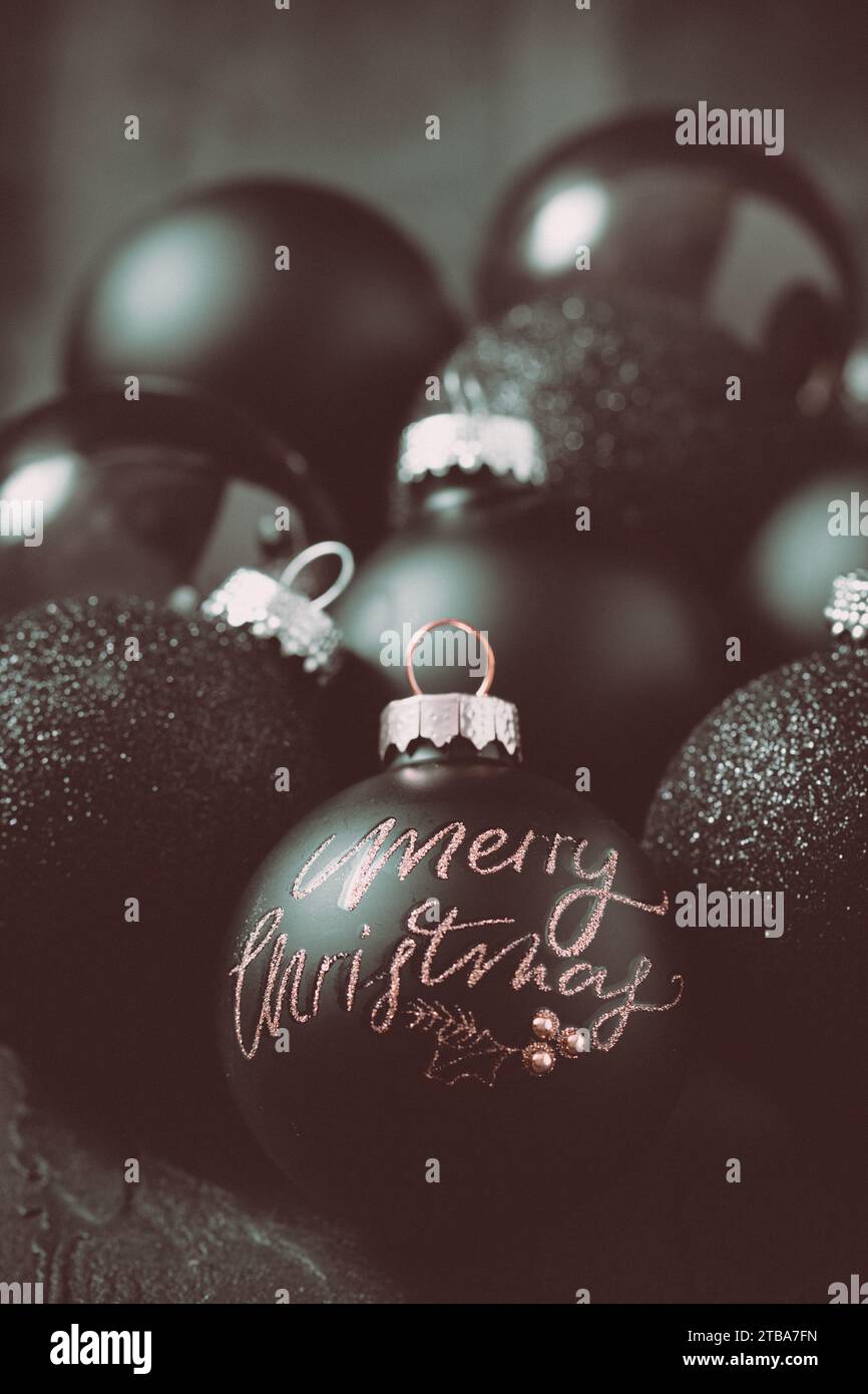 Black bauble with pink text Merry Christmas and black Christmas baubles ...