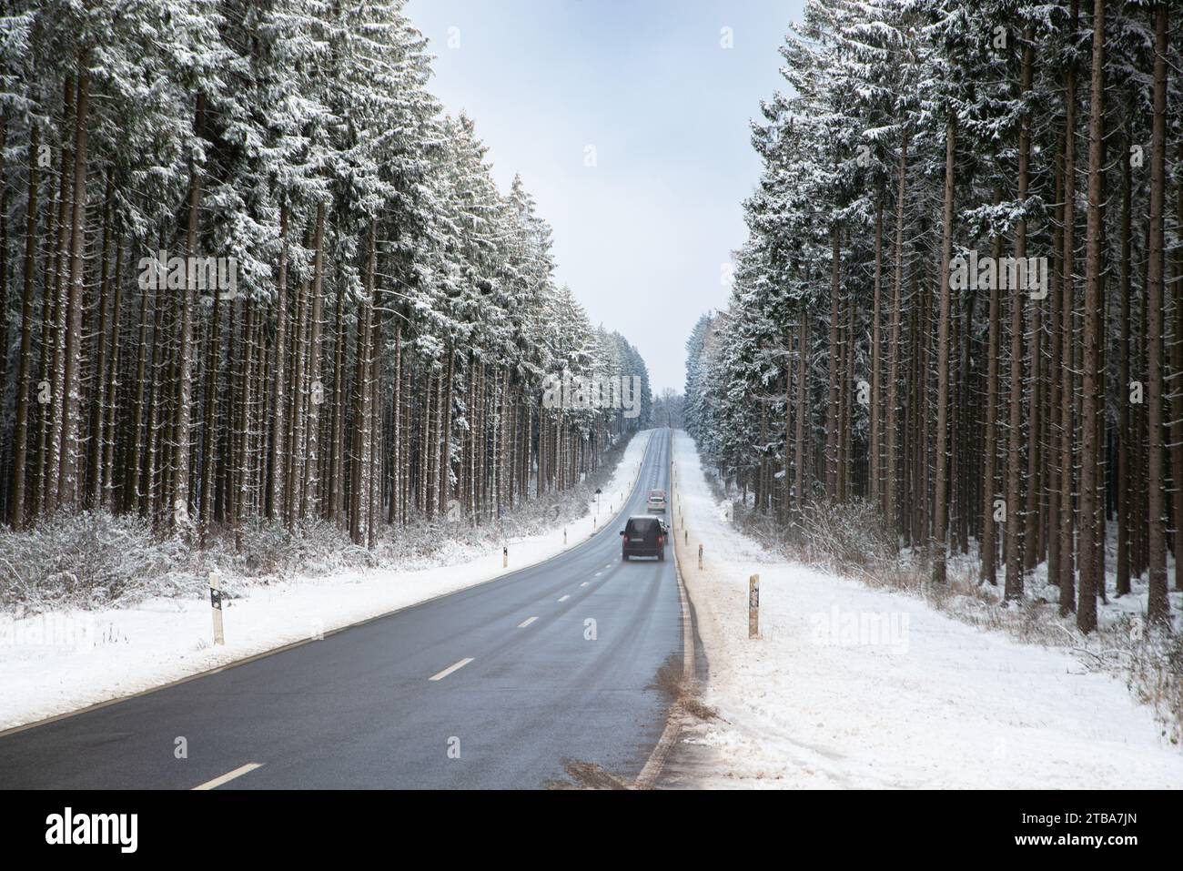 Road through a snow covered forest, slippery and frosty street in ...