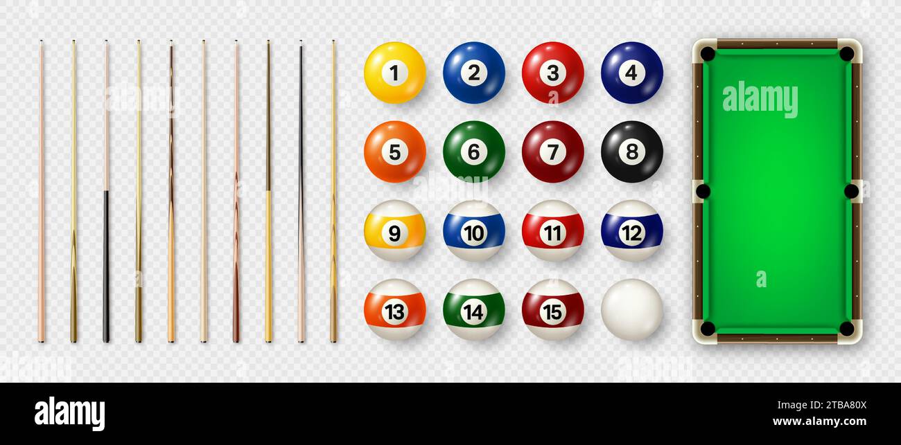 Billiard balls with numbers, various cues and green pool table. Glossy ...
