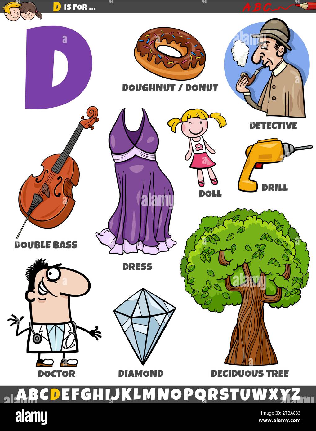 Cartoon illustration of objects and characters set for letter D Stock ...