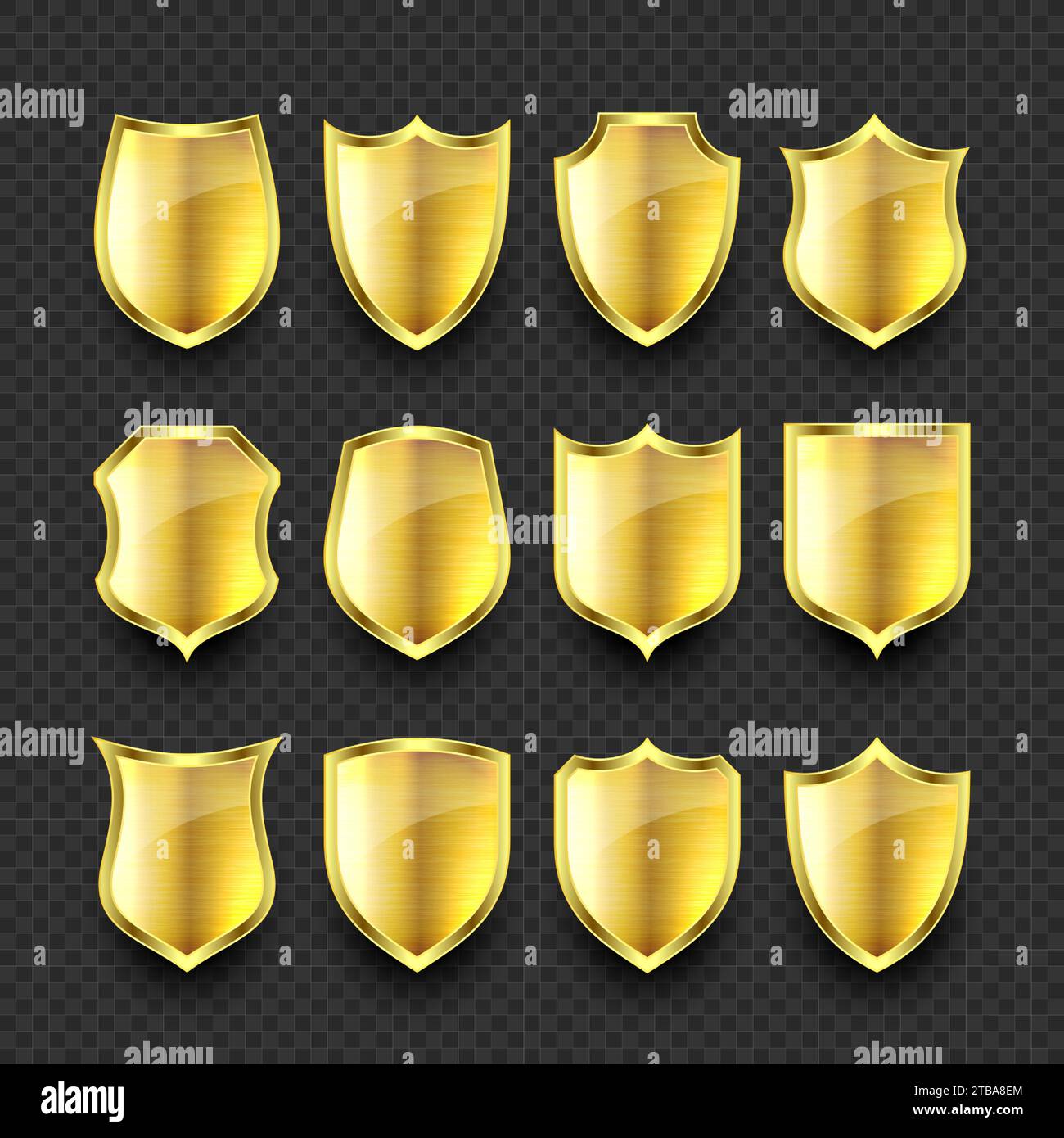 Set of various vintage 3d metal shield icons. Shiny golden heraldic ...