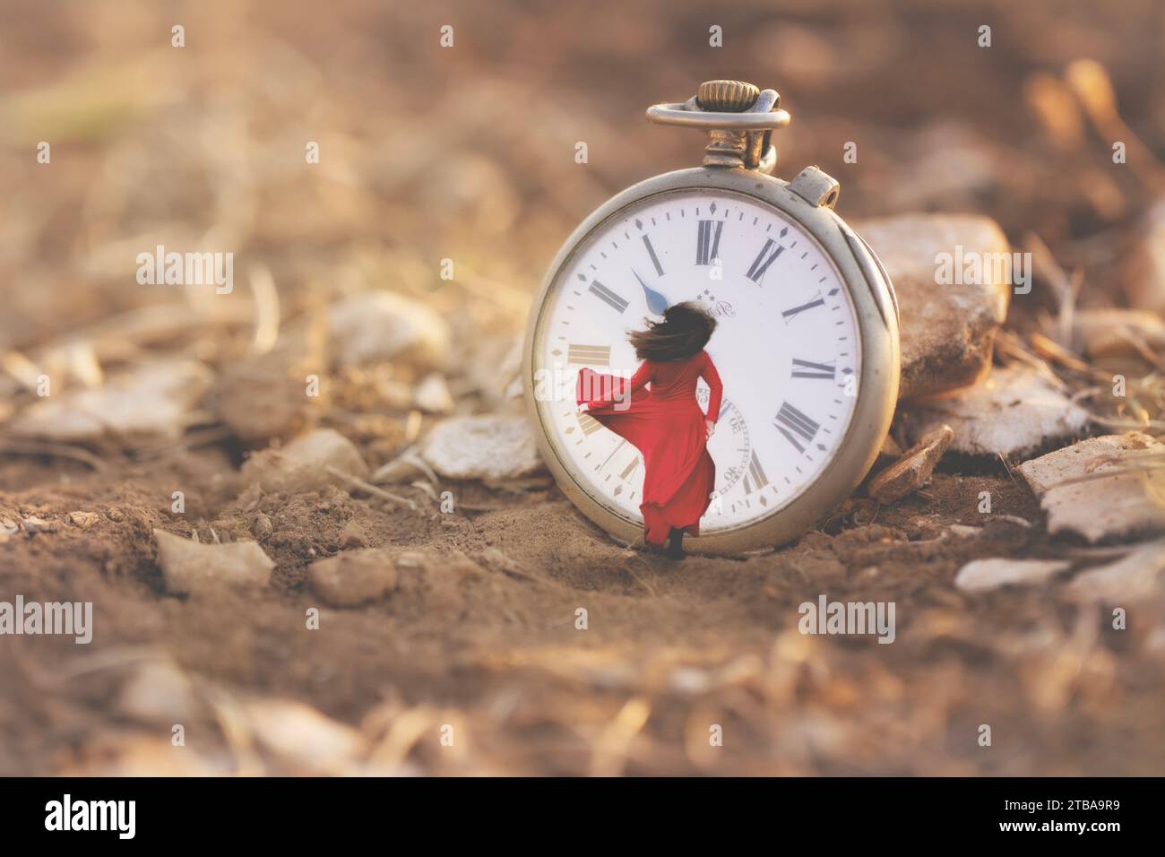 surreal woman dressed in red runs inside a clock, time concept Stock ...