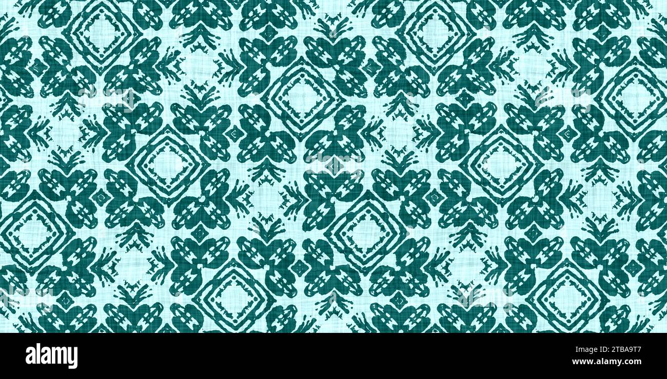 Teal green white vibrant watercolor batik azulejos tile border banner ...