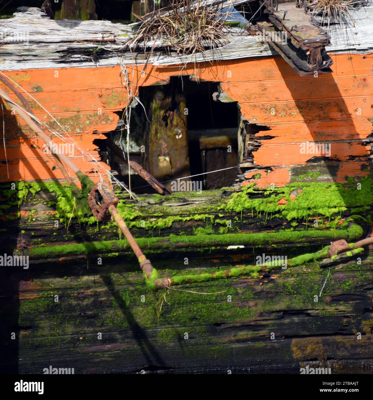 Ragged hole on the side of the Mary D. Hume, historic steamship, is ...